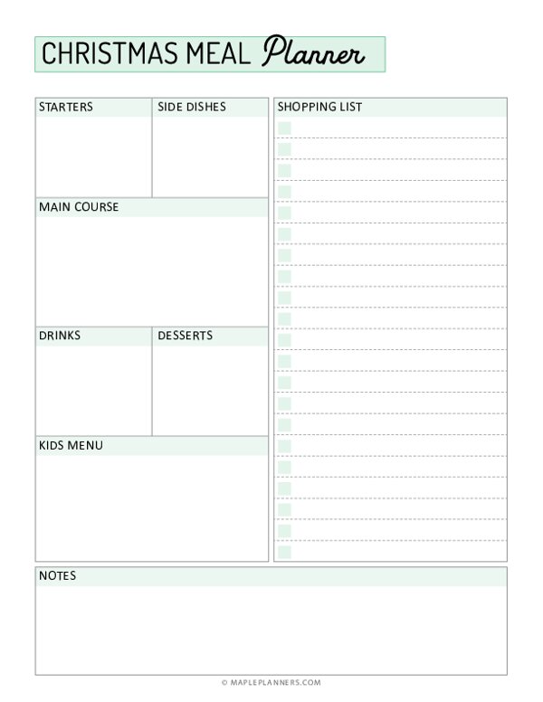 Free Printable Christmas Meal Planner Template