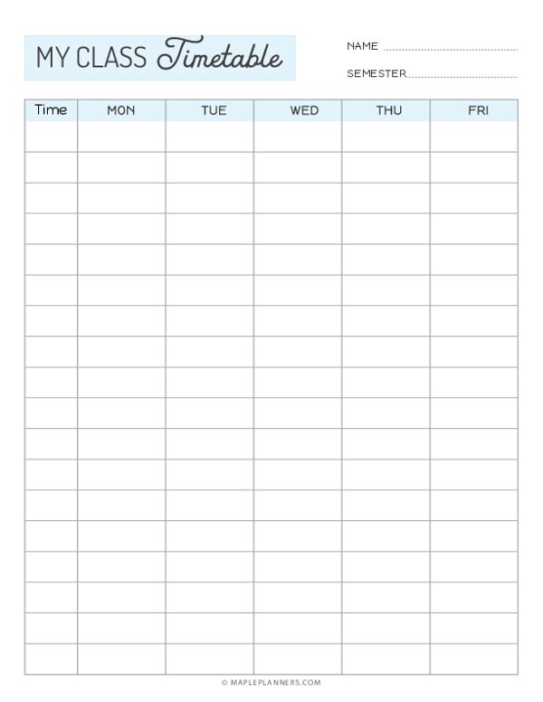 Free Printable Weekly Class Timetable Template
