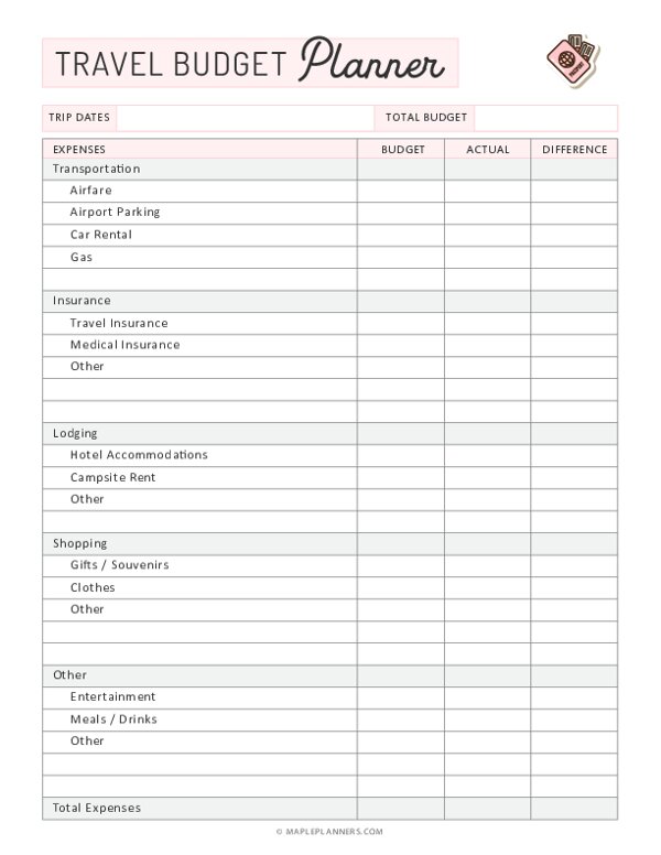 Free Printable Travel Budget Planner Template Free Printable Travel Budget Planner Template