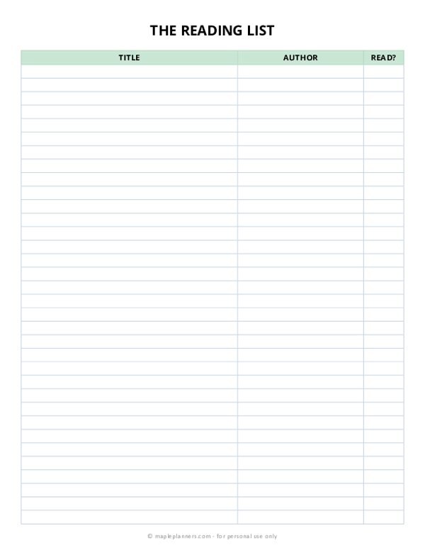 Reading Book List Template Reading Book List Template