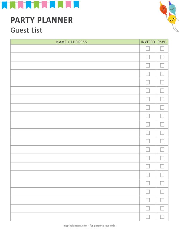 Party Planner Guest List Template