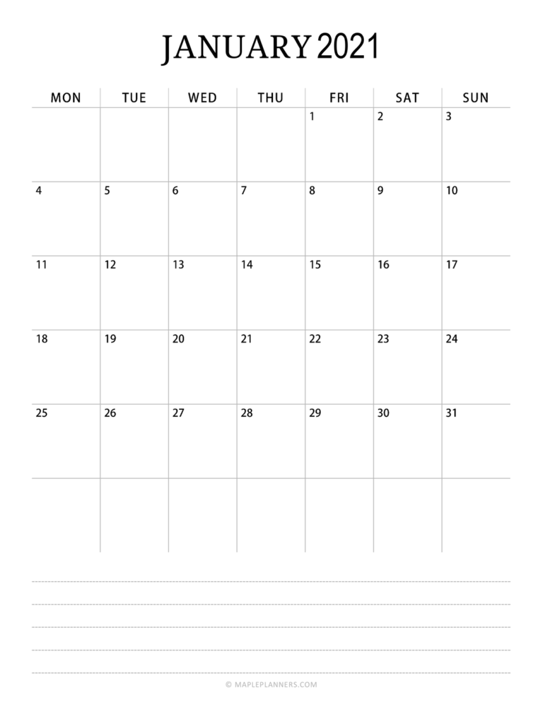 Free Printable 2021 Monthly Calendar PDF Template