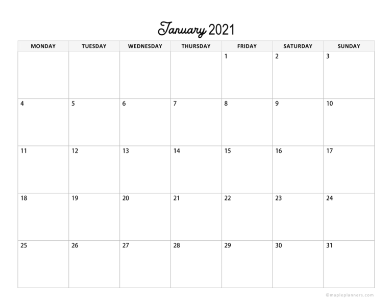 Free Printable 2021 Monthly Calendar PDF Template