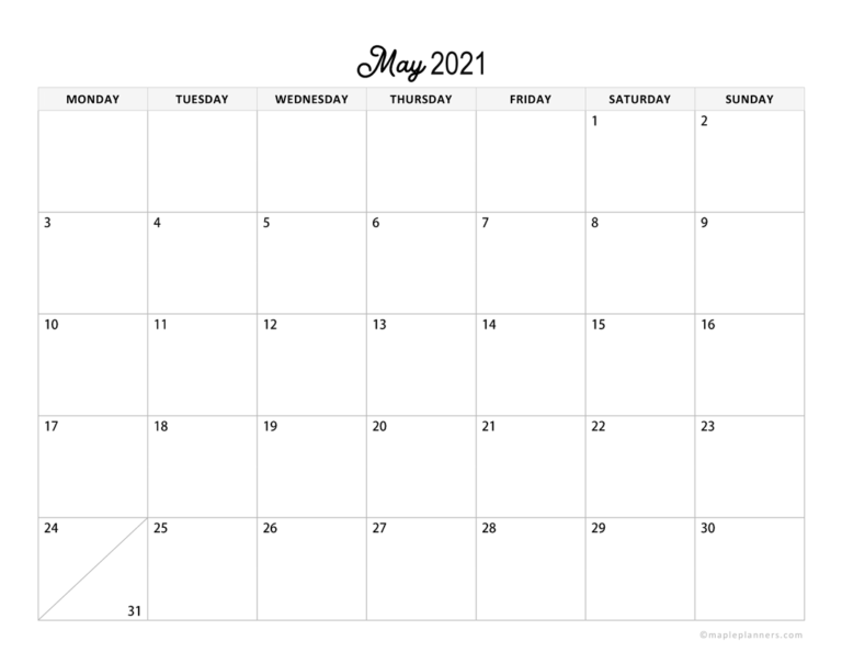 Free Printable 2021 Monthly Calendar PDF Template