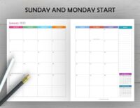 2022 Monthly Calendar Template - Month on 2 Pages