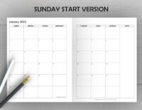 2022 Monthly Calendar Template - Month on 2 Pages
