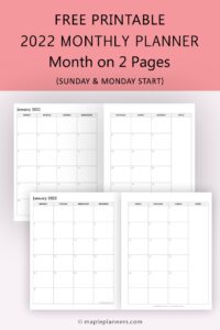 2022 Monthly Calendar Template - Month on 2 Pages
