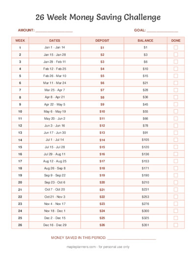 26 Week Money Saving Challenge - Biweekly Custom Printable