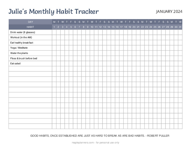Make your Own Printable Monthly Habit Tracker