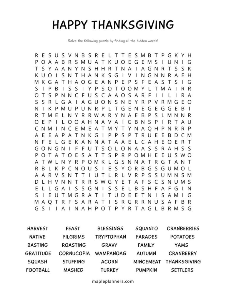 Free Printable Thanksgiving Word Search Puzzles for Kids