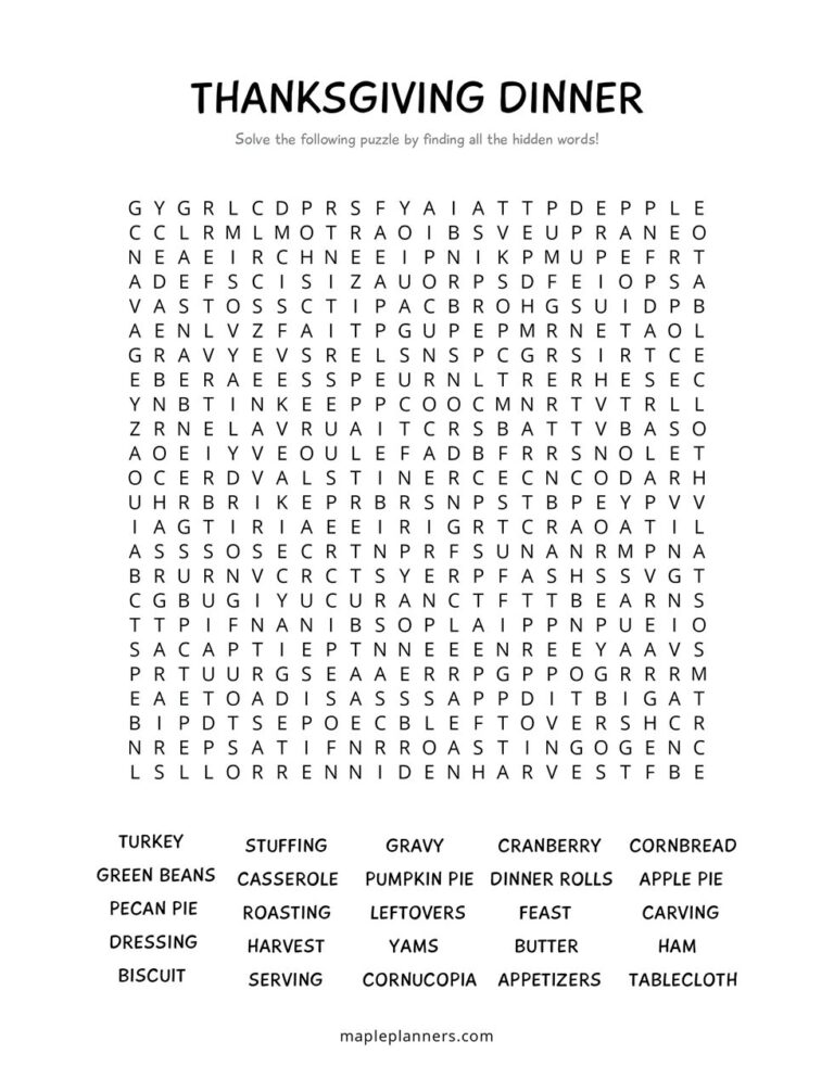 Free Printable Thanksgiving Word Search Puzzles for Kids