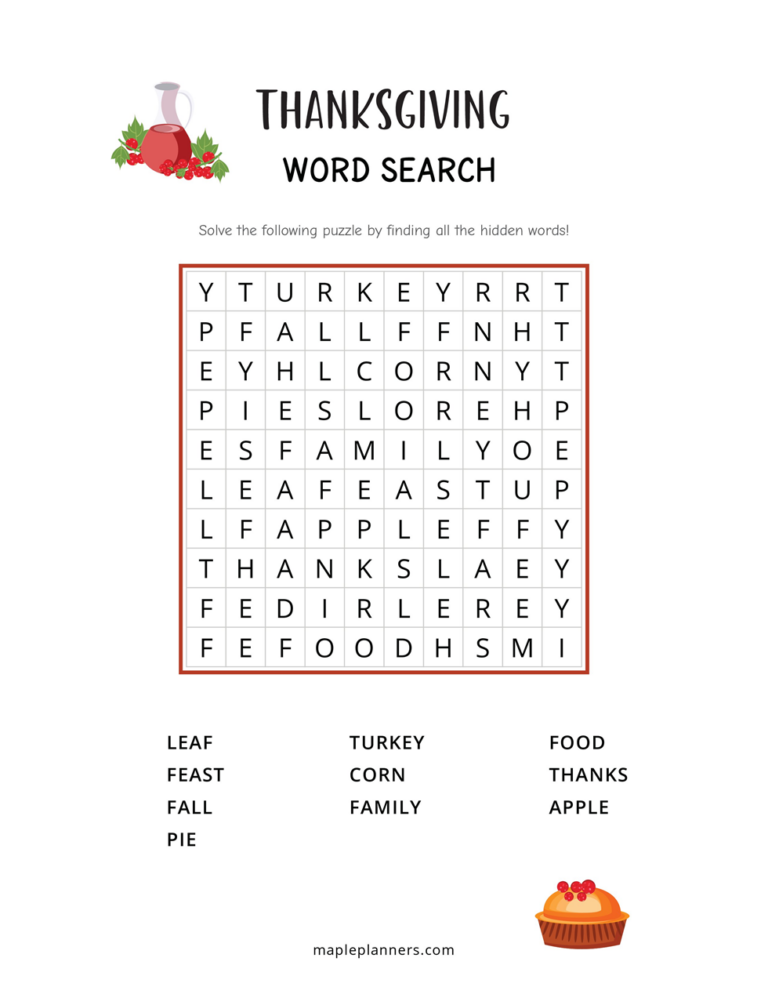 Free Printable Thanksgiving Word Search Puzzles for Kids