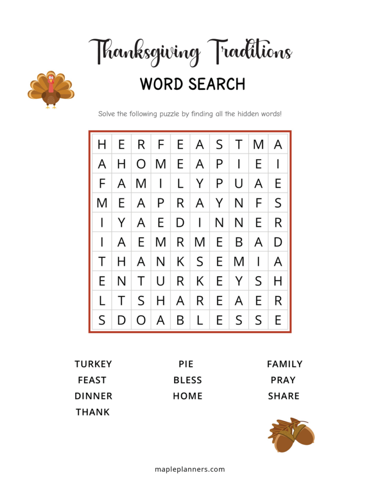 Free Printable Thanksgiving Word Search Puzzles for Kids